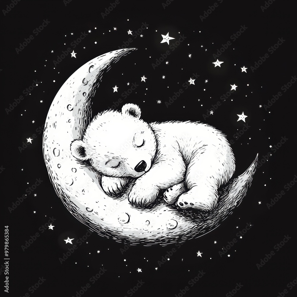 Bear cub sweetly sleeping on a crescent moon. A fairy tale character ...