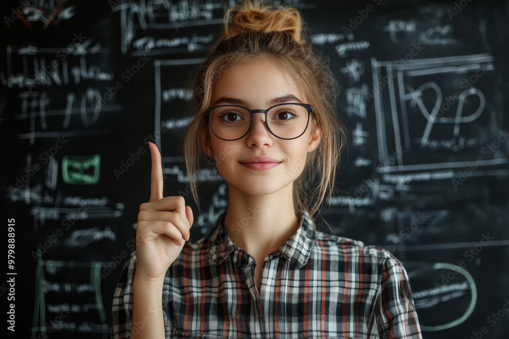 A thoughtful geek girl gestures with confidence while explaining a ...