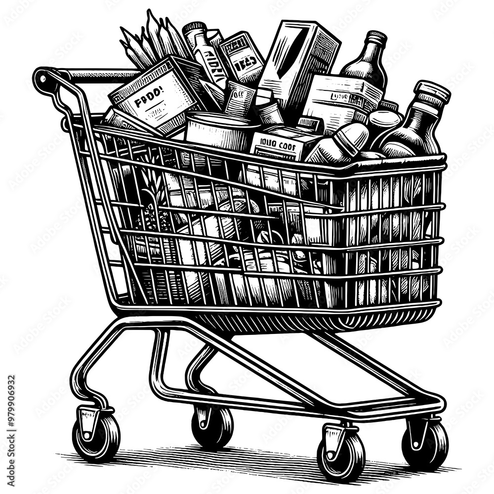fully loaded shopping cart filled with groceries, including fruits ...