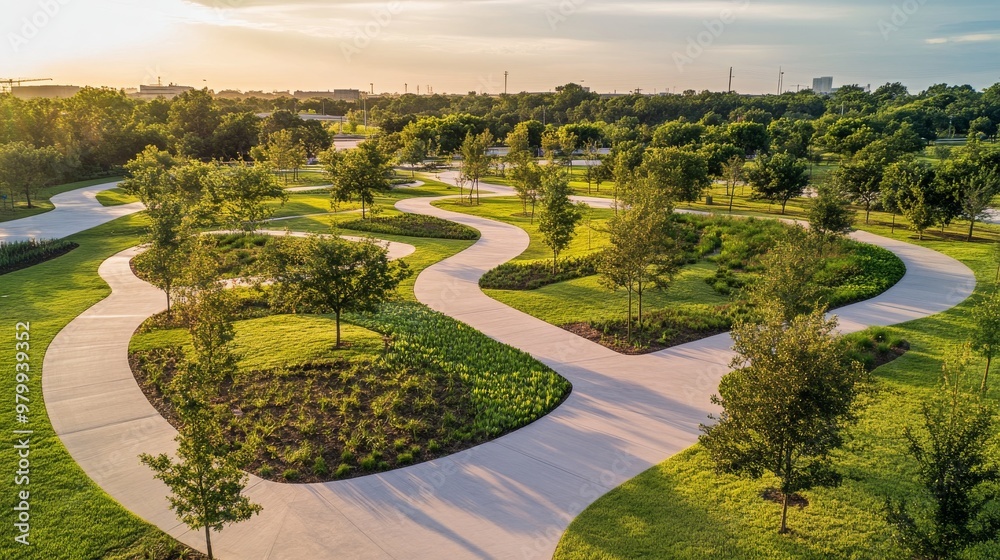 A drone captures a well-maintained urban park with curving walking ...