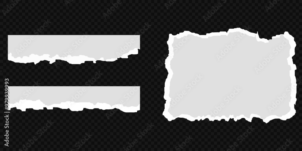White realistic torn or ripped paper strip collection with grunge edges ...