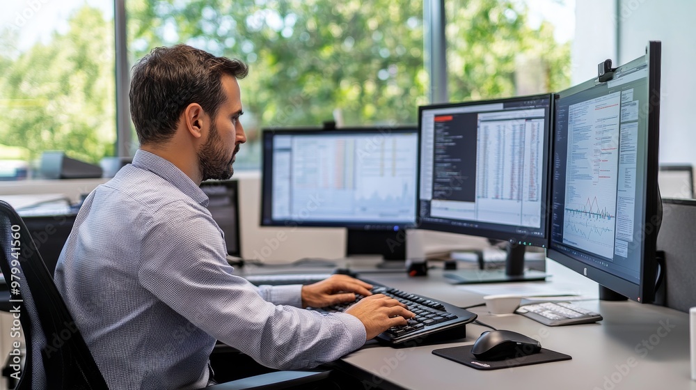 A professional man types intently at his desk, engaged with three computer monitors displaying ...