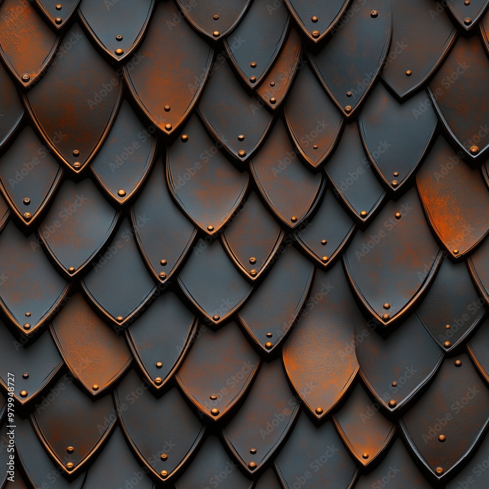 seamless metallic scales pattern with reflective copper and blue tones ...