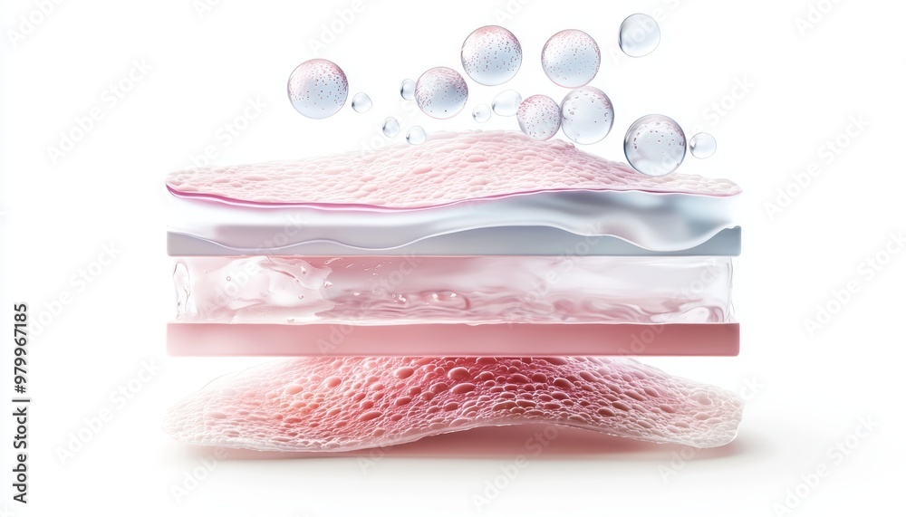 3D illustration of skincare product layers with moisturizing bubbles ...