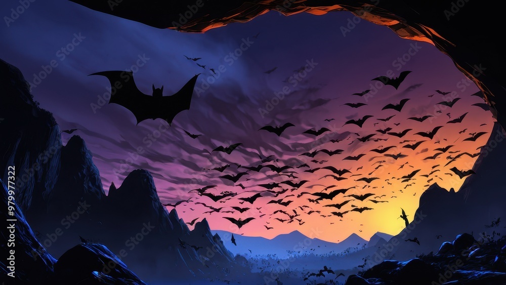 Bats swarm across a vibrant orange and purple sky at sunset, their dark shapes contrasting ...