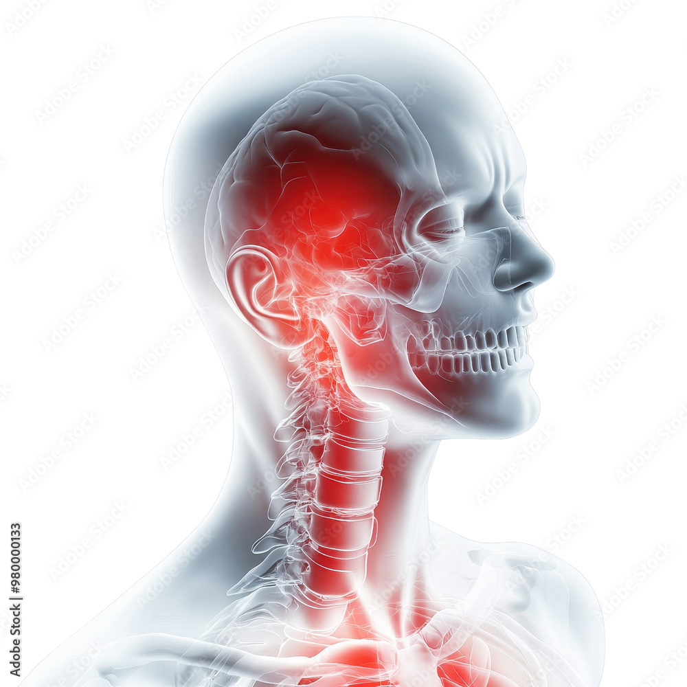Anatomical illustration highlighting pain in the head and neck area ...