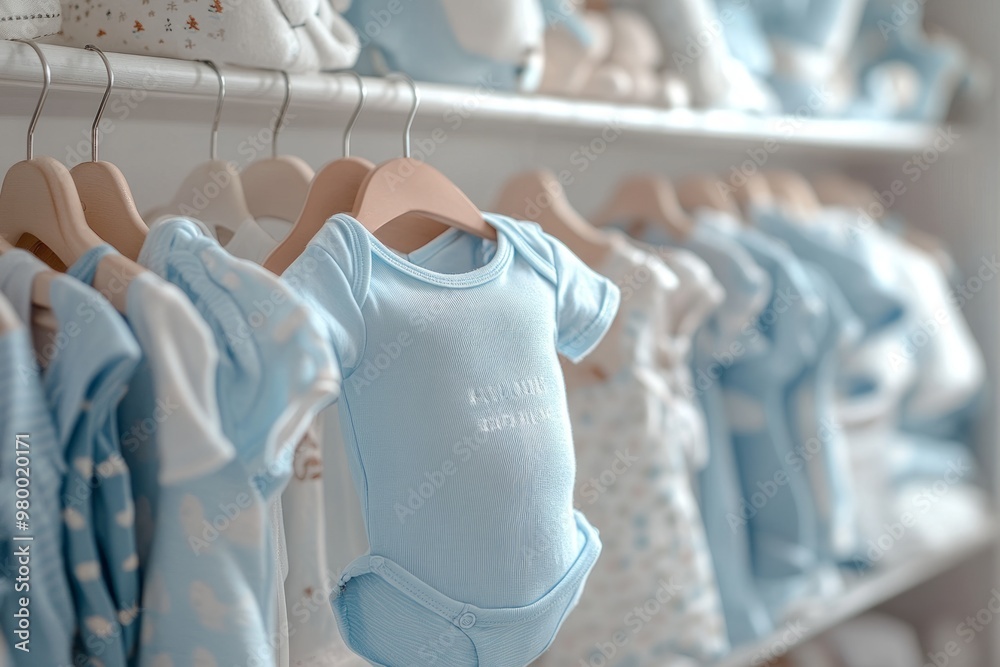Baby hung on pastel colored hanger, baby girl in light blue and white ...