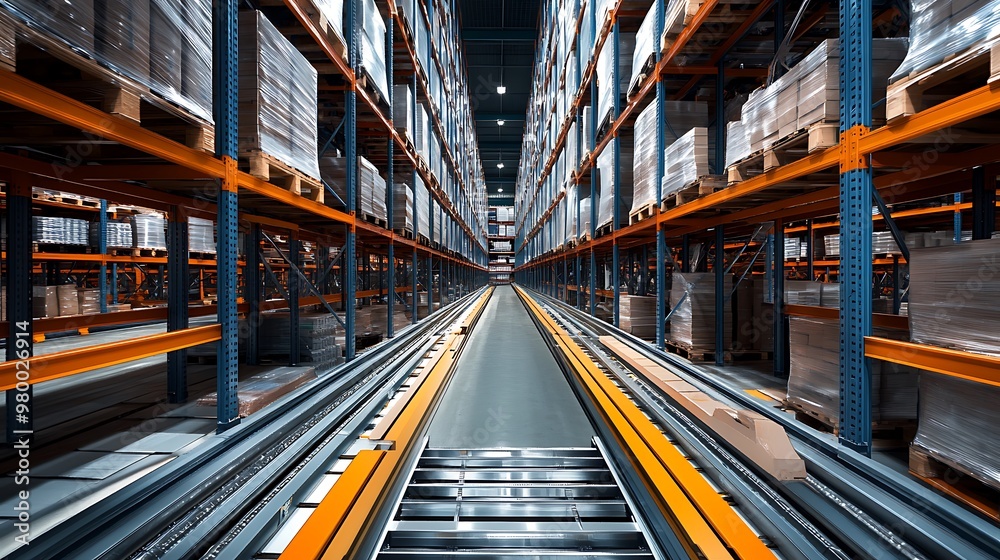 Automated shelving systems in a warehouse, organizing raw materials and ...
