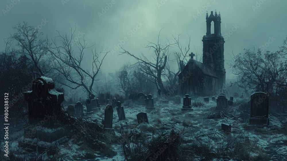 Haunting Gothic Graveyard Ruins Shrouded in Ominous Fog and Mist ...