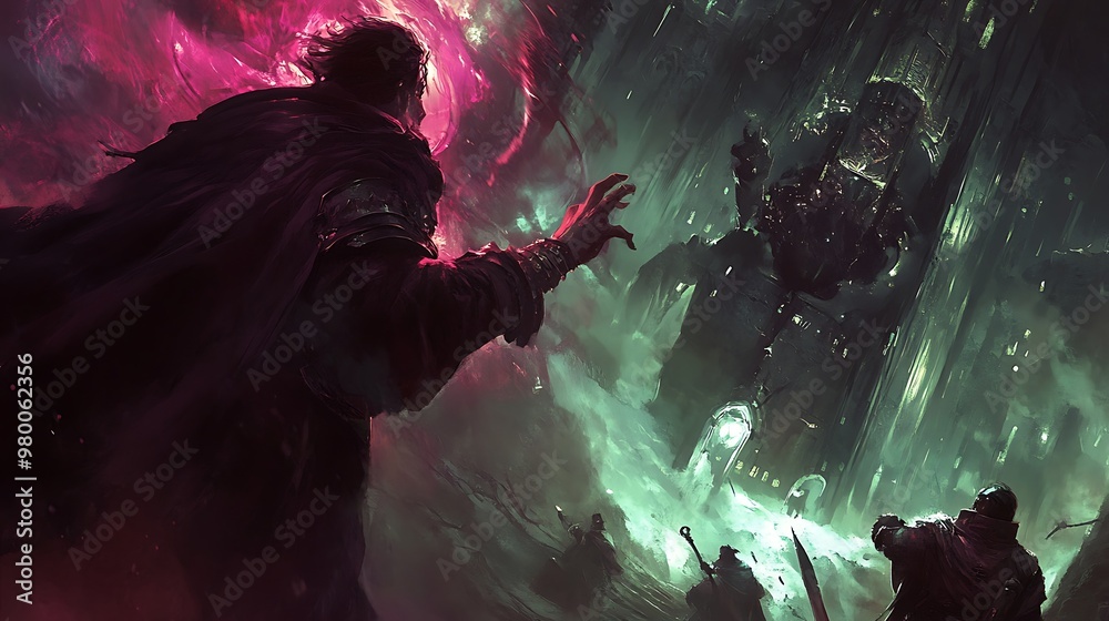 Fantasy battle scene, A dark sorcerer confronts a colossal demonic ...