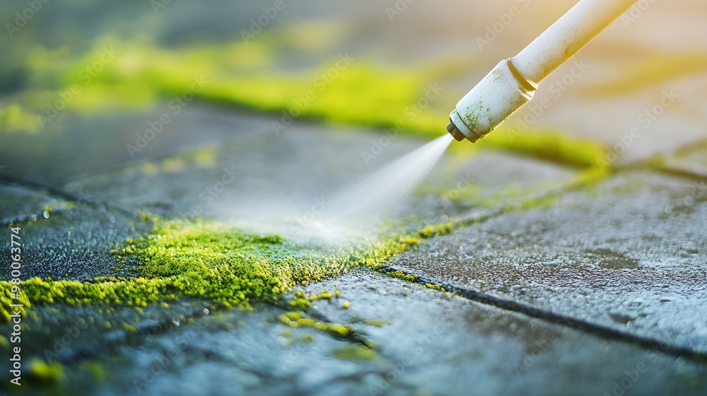 Grimy concrete surface, green mold streaks being removed by high ...