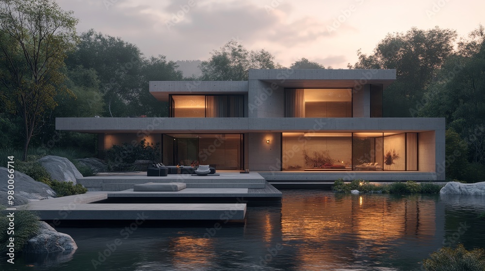 Asymmetrical cube house with staggered levels, raw concrete texture ...