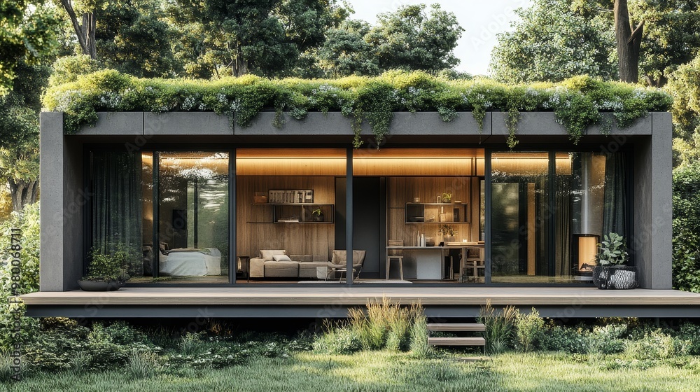 Compact cube house design with an eco-friendly green roof, expansive ...