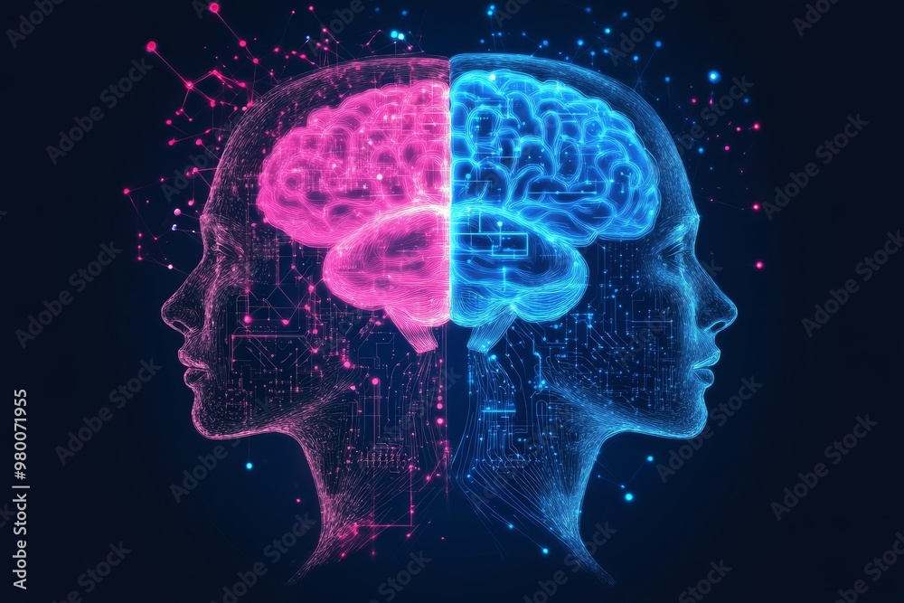 Neon glowing blue and pink brain structures on a dark background ...