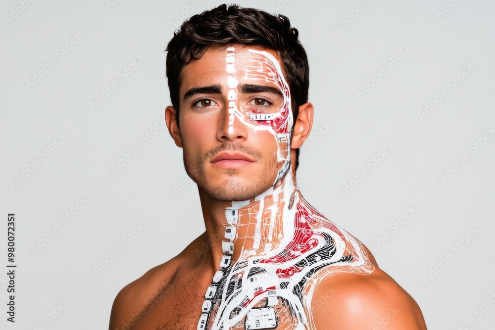 Man with exposed cybernetic circuitry running down his face and chest ...