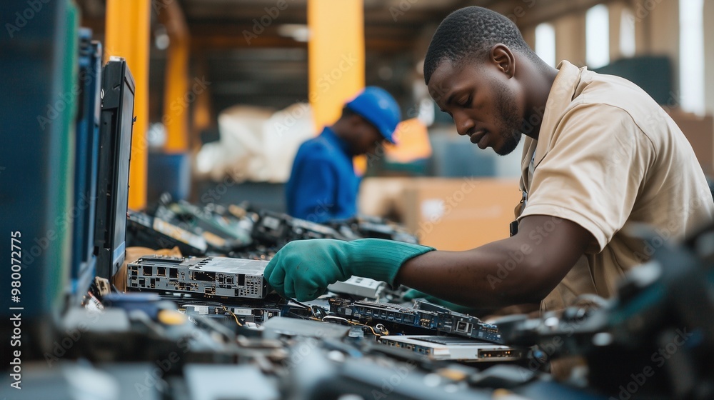 Workers disassembling electronic devices in a recycling facility ...