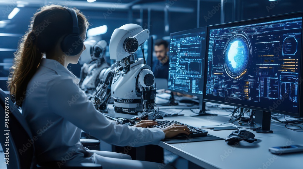 Team developing AI solutions on advanced computer systems Stock Photo ...