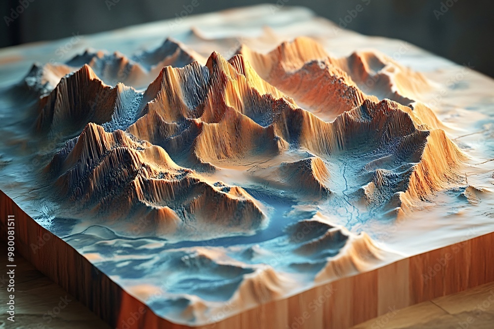 Detailed 3d wooden map of mountainous terrain with valleys and a river ...