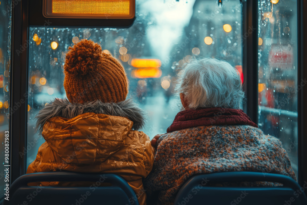 A child offering their seat to an elderly person on the bus, spreading ...