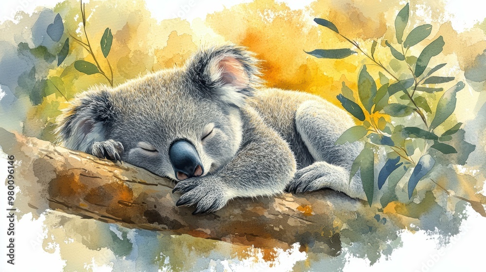 Adorable Baby Koala Watercolor Clipart Sleeping in Eucalyptus Tree ...