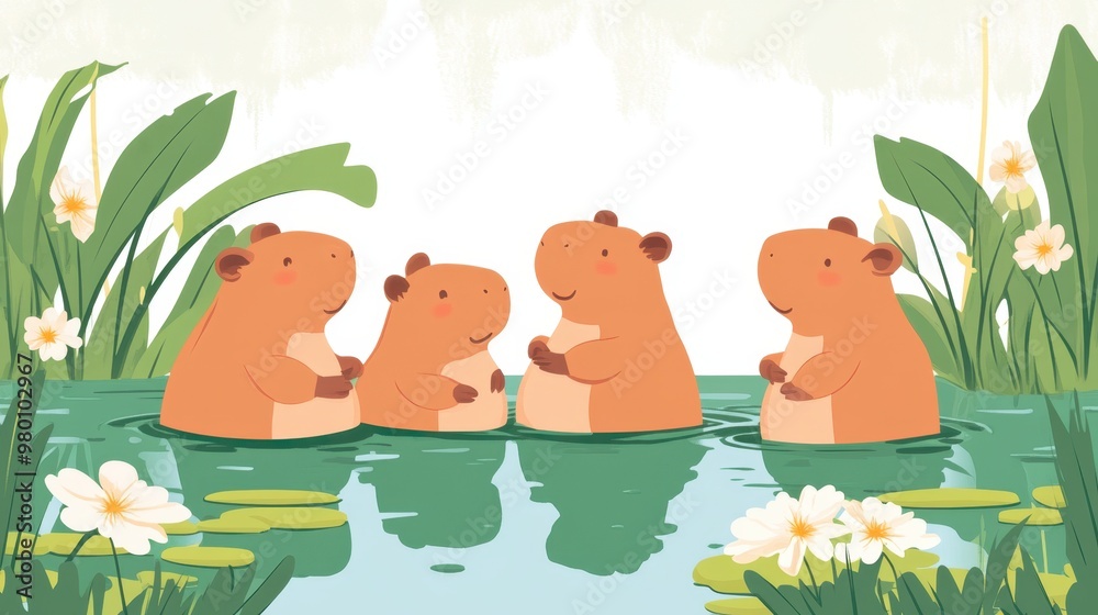 Capybara in Japanese Onsen hot spring with orange,Cute Capybara vector ...