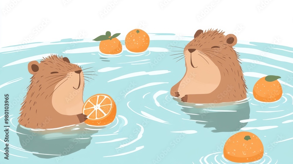 Capybara in Japanese Onsen hot spring with orange,Cute Capybara vector ...