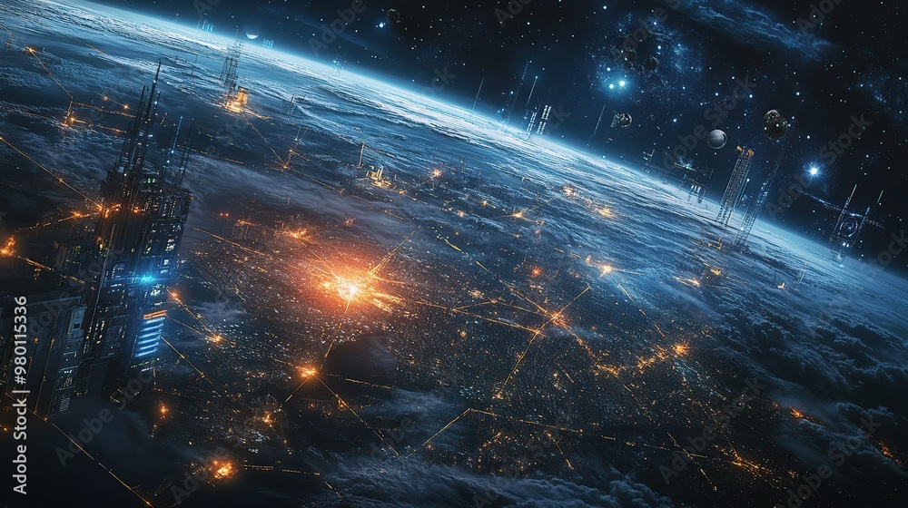 A panoramic view of the Earth's global infrastructure controlled by a ...
