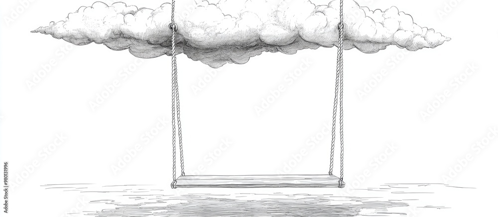 Black and white 2D line drawing of a swing suspended from a cloud A ...