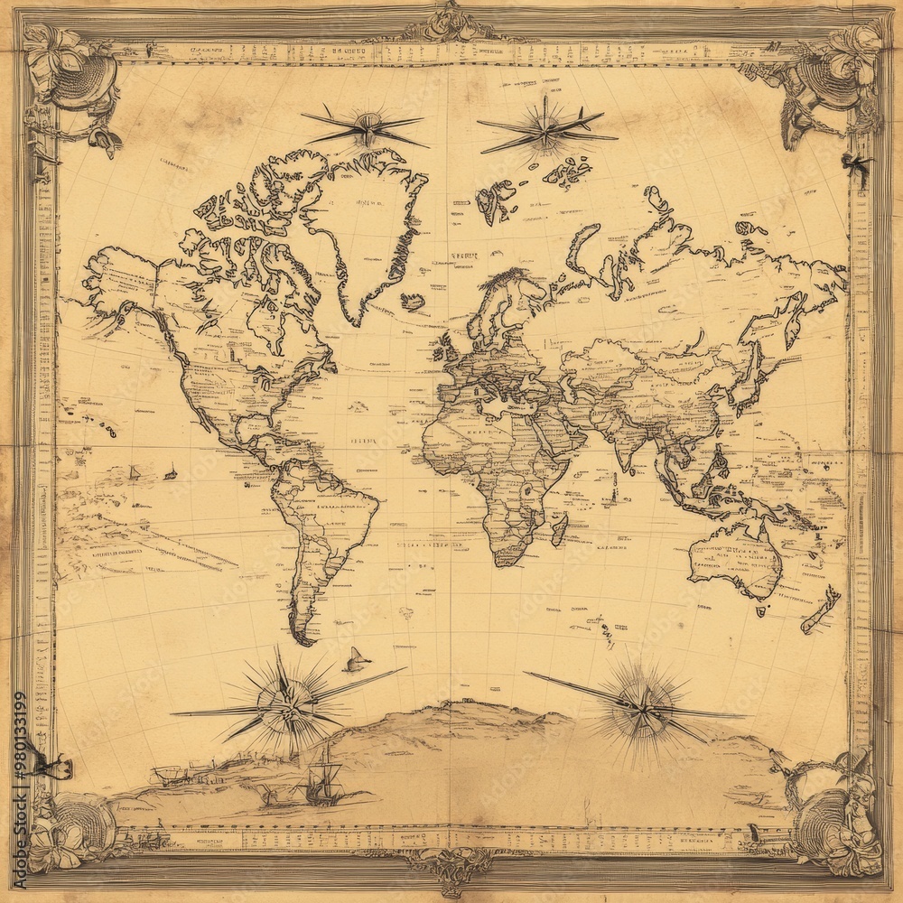 Antique World Map Illustration Vintage Globe Old World Map Hand Drawn ...