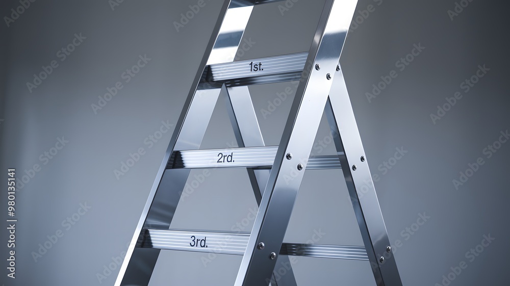 Close-up of metallic ladder with steps labeled "1st," "2nd," and "3rd ...