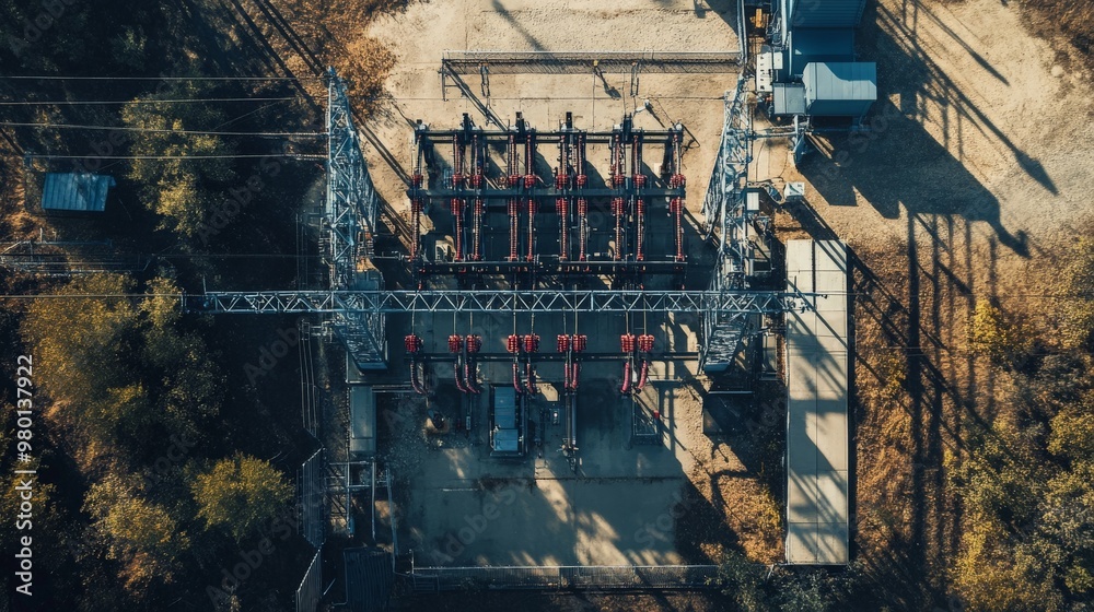 Aerial view of industrial power substation with transformers and ...