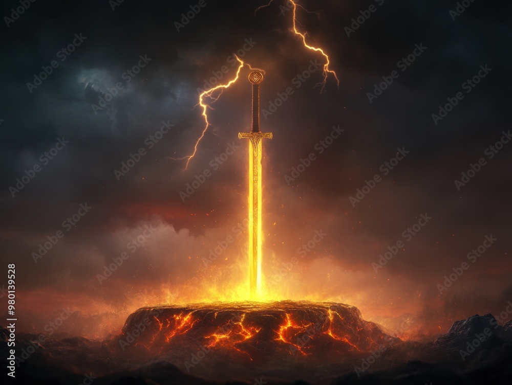 Epic Clash of Elements: Golden Sword Emerges from Lava as Lightning ...