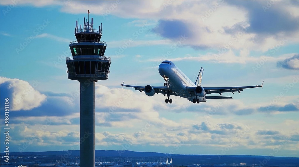 Airplane taking off from runway with airport control tower in the ...