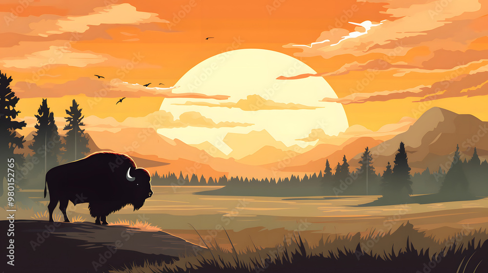 Bison in nature Illustration Vector Stock Illustration | Adobe Stock