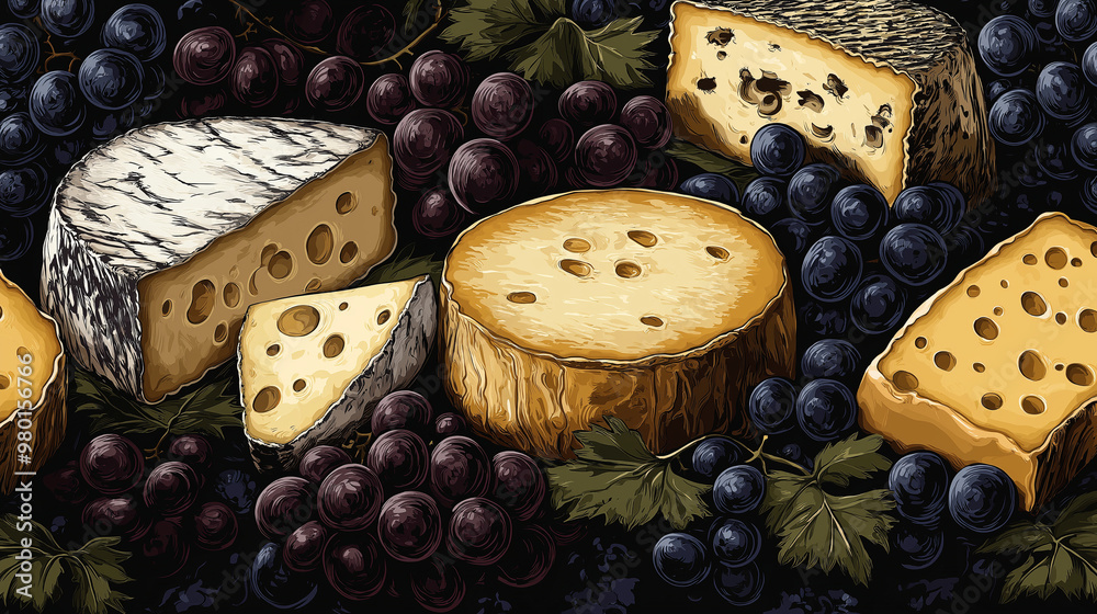 Gourmet Cheeses and Grapes: An elegant pattern showcasing different ...