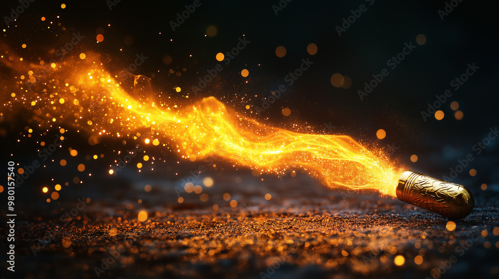 A golden bullet ignites into a trail of fiery energy, blazing through ...