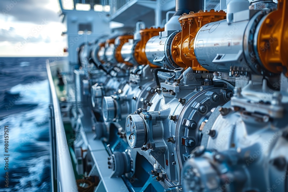 Close up of a marine diesel engine ship equipment and river vessel ...