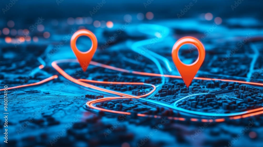 Navigation map with colorful pins representing start and endpoint for ...