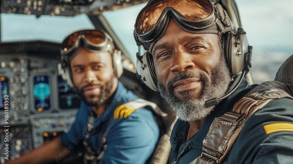 Foto de Stock African American pilot and copilot discussing flight ...