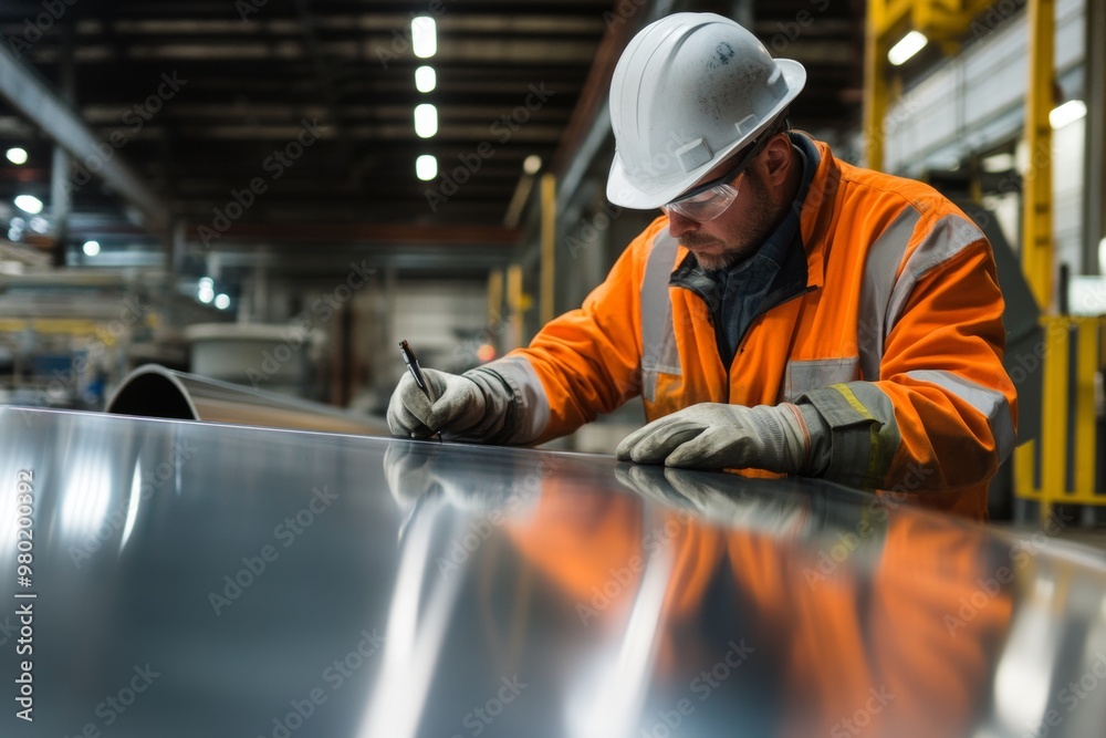 Worker examines sheet metal in an industrial facility during daylight ...