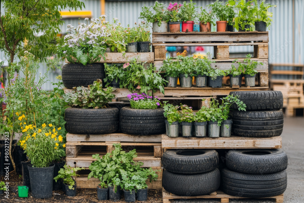 A creative urban garden using recycled materials like old tires, wooden ...
