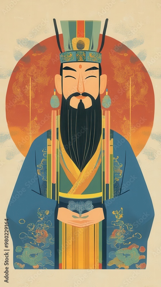 Fuxi god of knowledge in flat design, top view, ancient wisdom theme ...