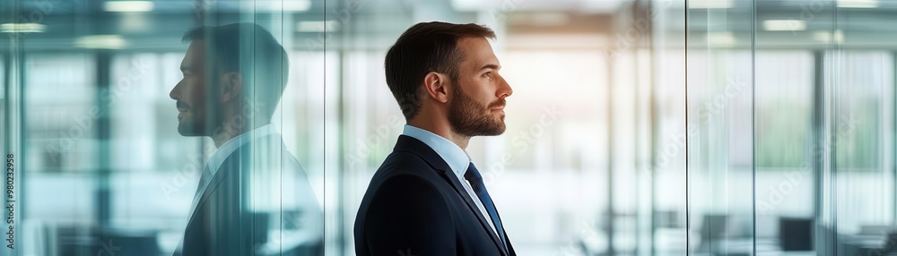 A professional man stands confidently in a modern office, reflecting ...