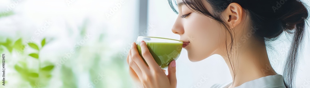 Asian woman sipping matcha tea, traditional and modern fusion, pure ...