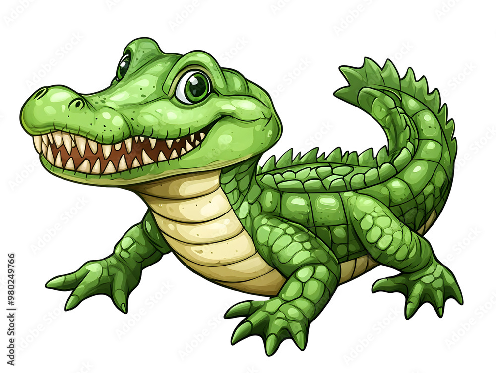 A cheerful cartoon crocodile with vibrant green scales and a friendly ...