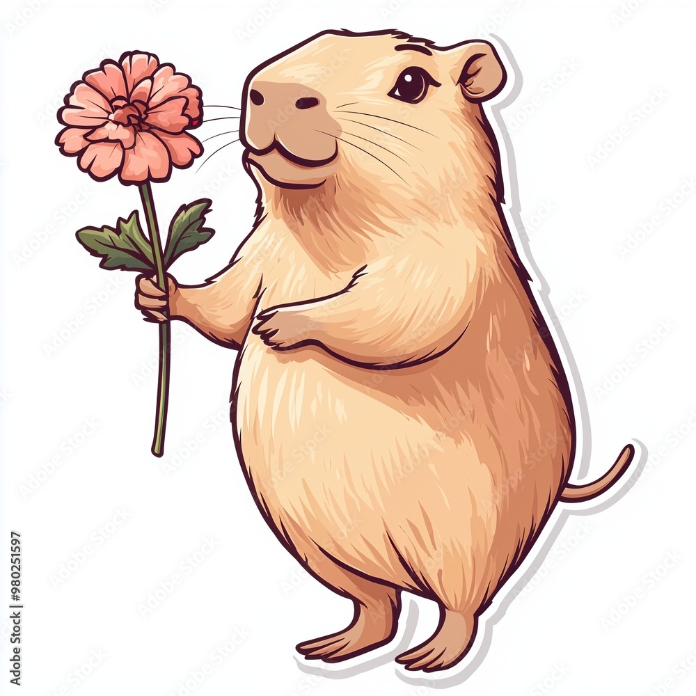 Capybara holding a flower, sticker design, cute cartoon style, vibrant ...