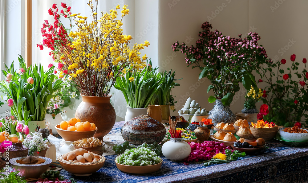 Haft Seen traditional table of Nowruz. Haft-Seen also spelled as Haft ...