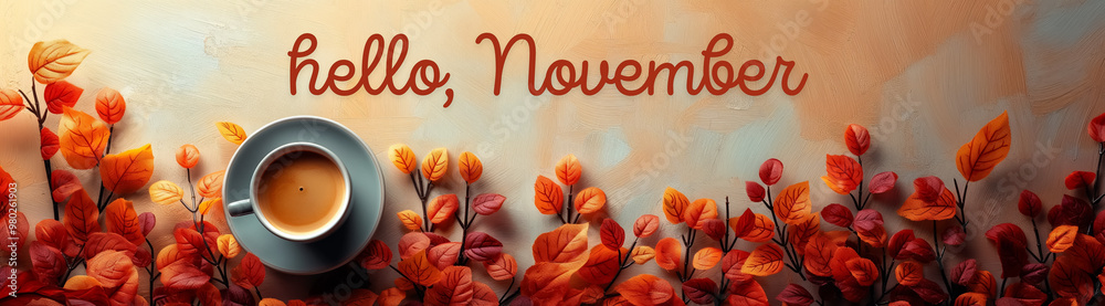 Coffee in a cup on a saucer and branches with orange leaves on a light ...