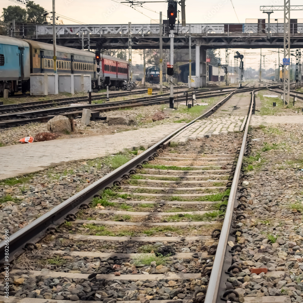 View of train Railway Tracks from the middle during daytime at Amritsar ...