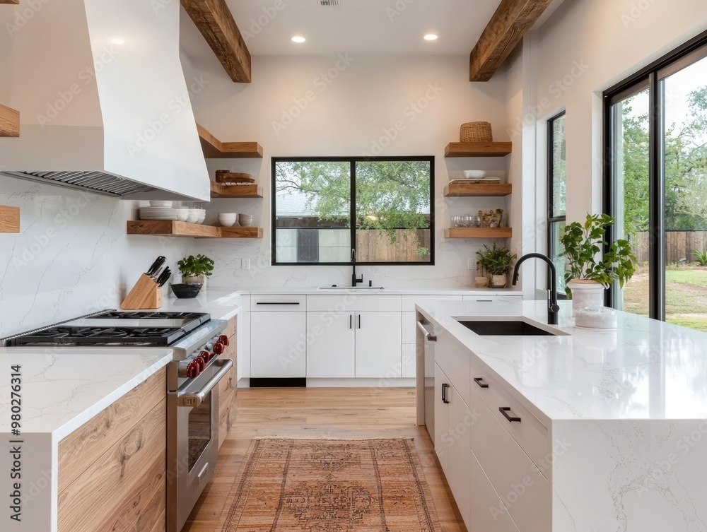 Modern white kitchen, smooth countertops, minimal decor, daylight from ...